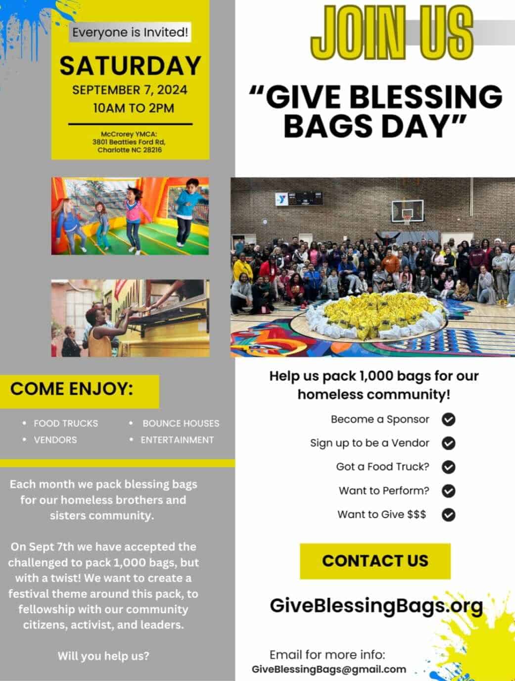 Give Blessing Bags Day: help pack bags for homeless, and enjoy bounce ...