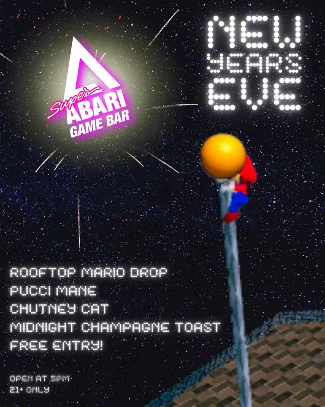 New Year's Eve at Super Abari Game Bar, with rooftop Mario drop ...